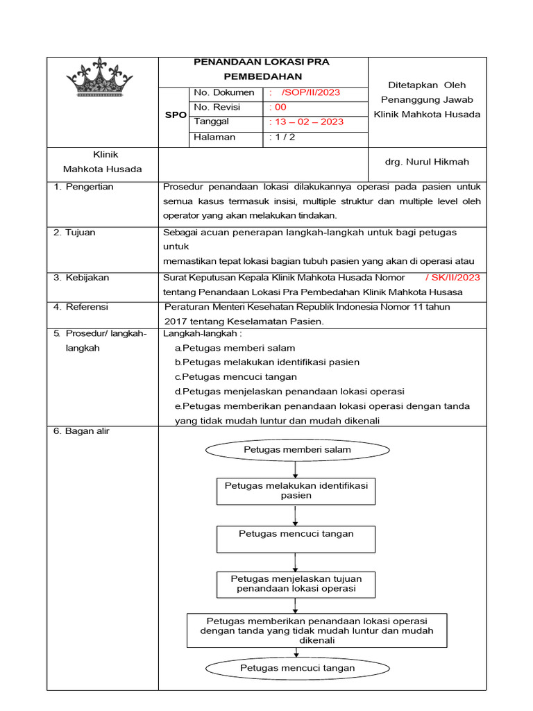 PMKP 2 - EP5.2 SOP Penandaan Lokasi Pra Pembedahan - Mahkota Husada | PDF