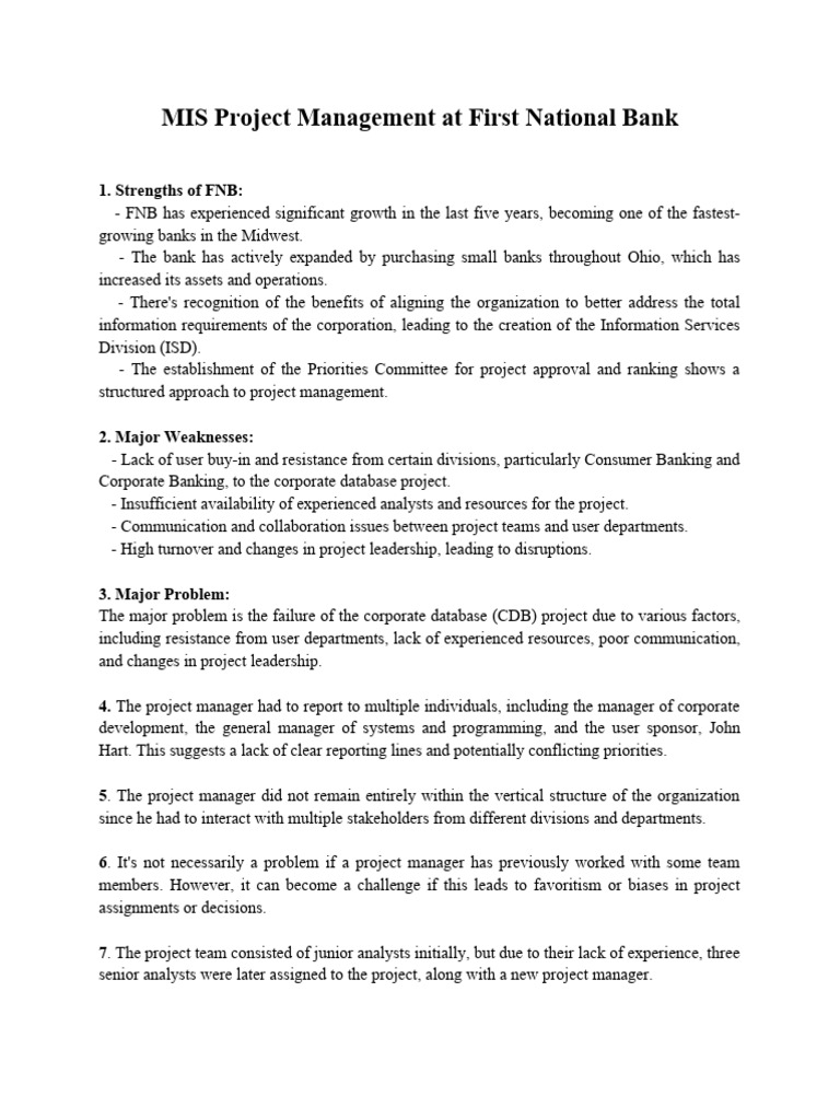 MIS Project Management at First National Bank | PDF