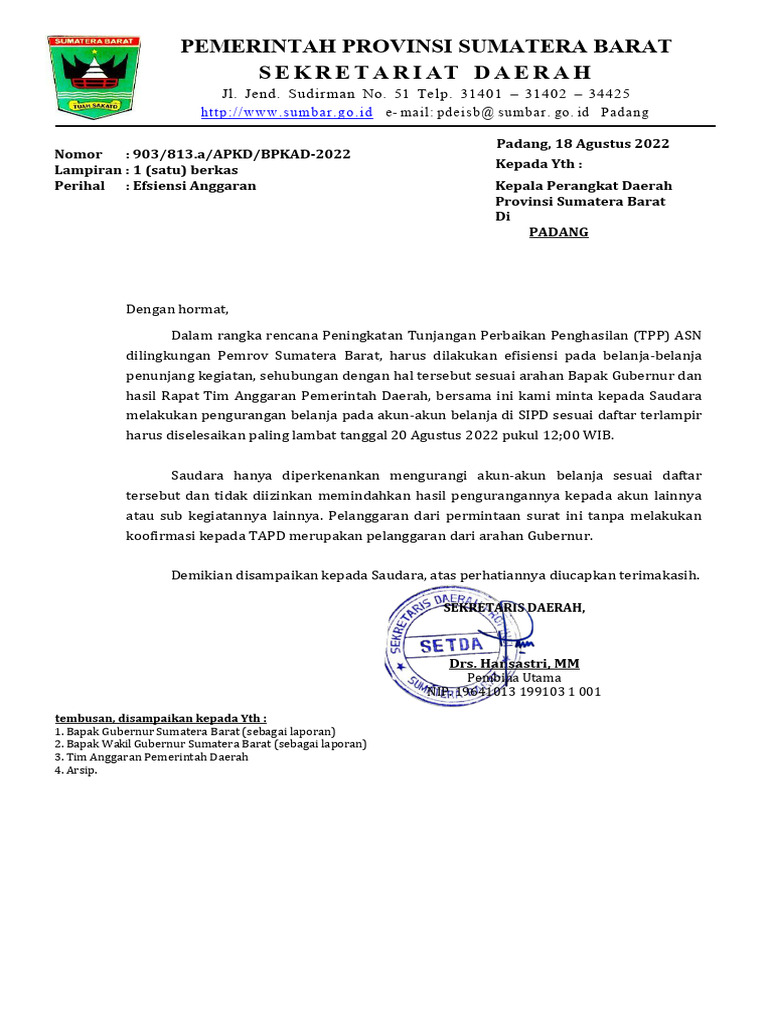 SURAT KETUA TAPD TGL18 EFISIENSI BELANJA 2023 EDIT | PDF