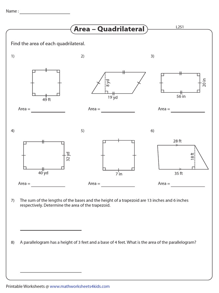 Area of Quadrilaterals Worksheet | PDF