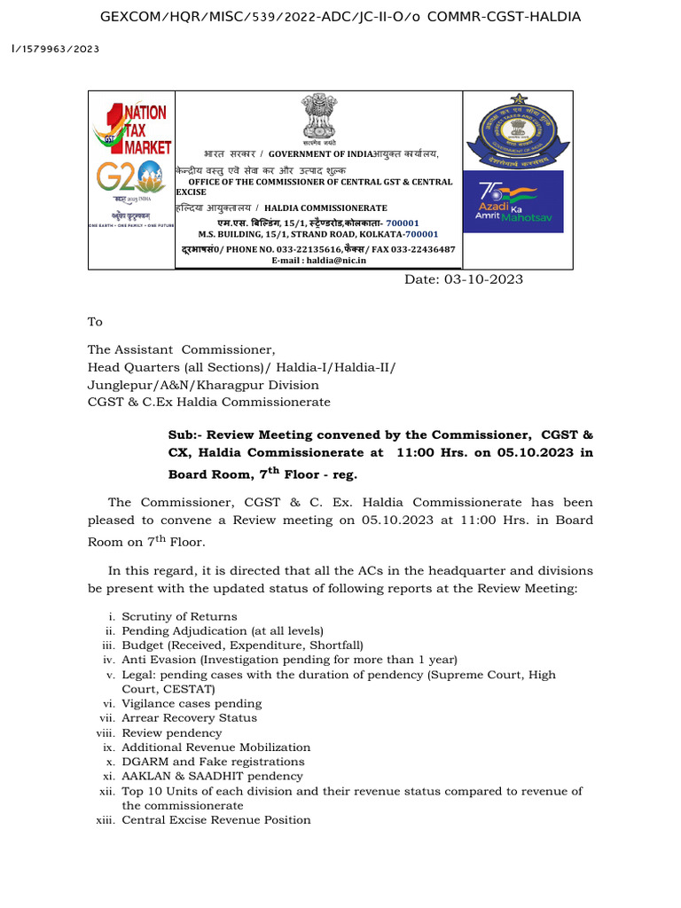 Review Meeting Convened by The Commissioner at 1100 Hrs On 05102023 ...