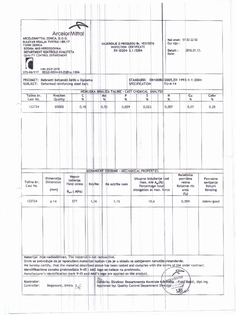 5 - Uvjerenje o Pregledu - Atesti Za Rebrastu Armaturu | PDF