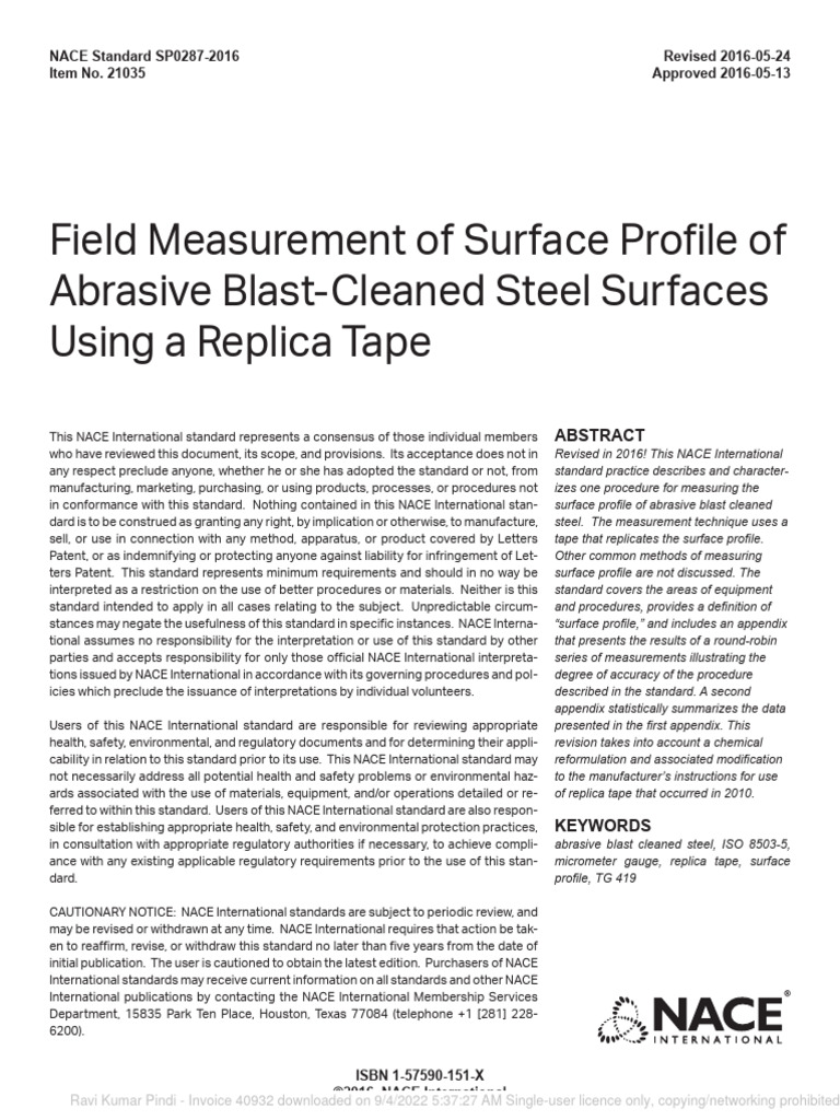 NACE SP0287-2016: Surface Profile Measurement | PDF