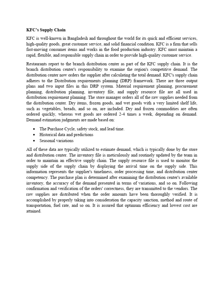 Supply Chain Analysis Of Kfc Pdf Supply Chain Inventory
