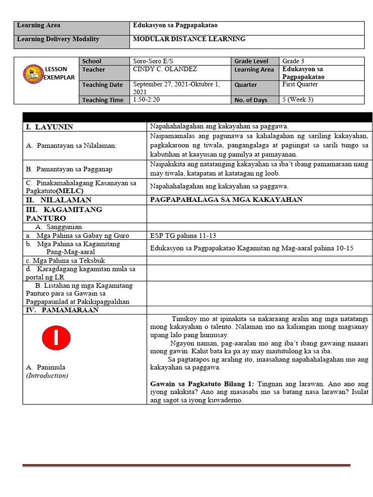 Lesson Exemplar in ESP3 Q1Week3 | PDF