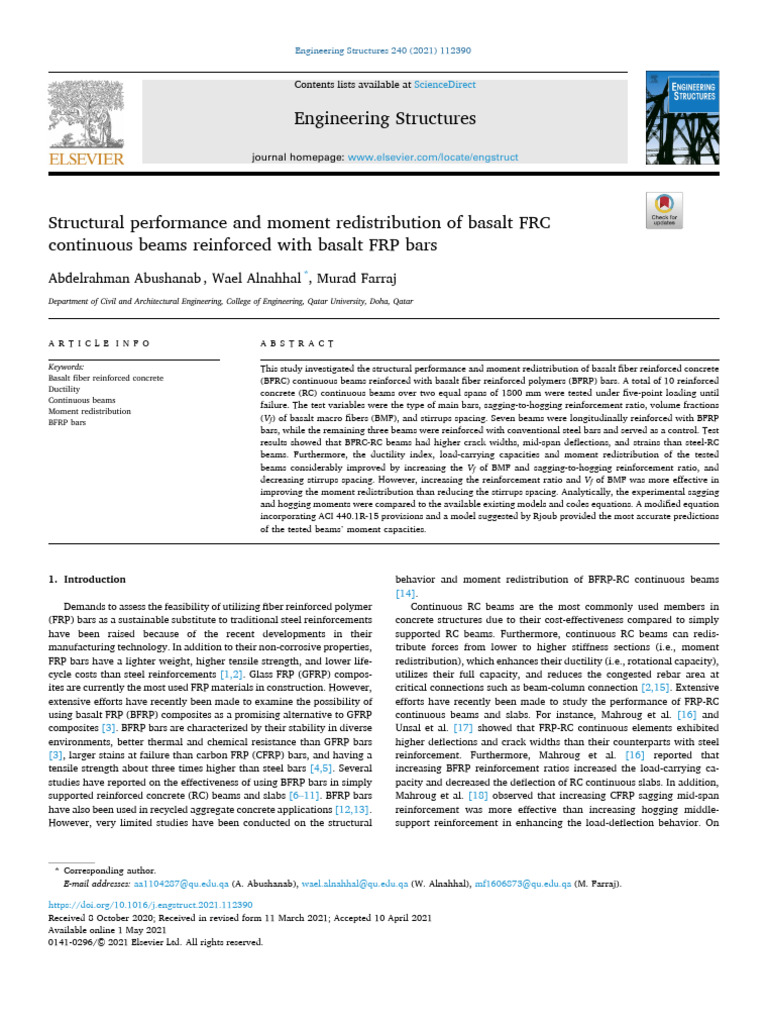 Structural performance and moment redistribution of basalt FRC ...