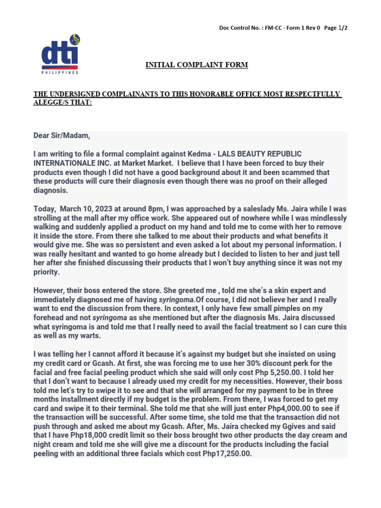 Initial Complaint Form - DTI Tan Myren | PDF