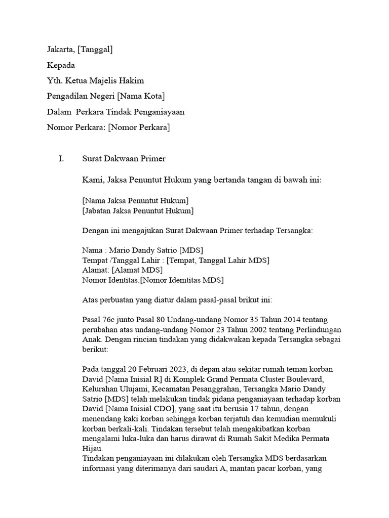 Surat Dakwaan Primer Dan Dakwaan Subsider Untuk Tersangka Mario Dandy ...