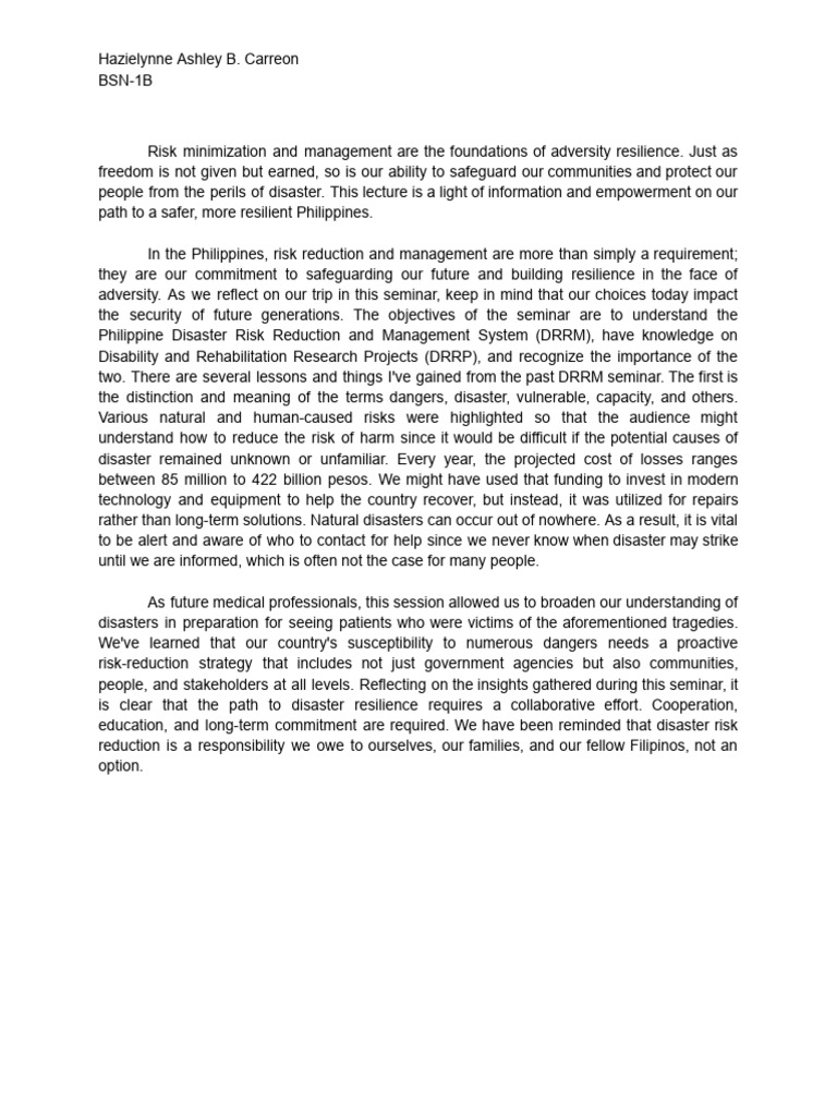 NSTP - DRRM Seminar Reflection Paper | PDF | Social Science | Self ...