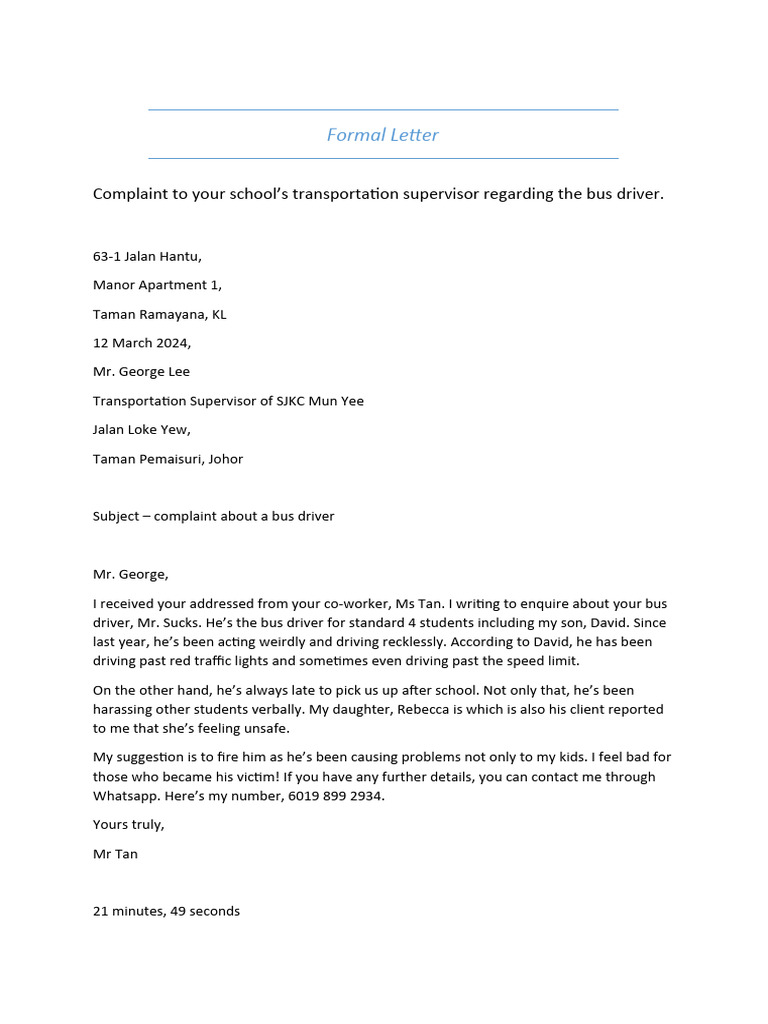 Formal Letter - A Complaint About A Bus Driver | PDF