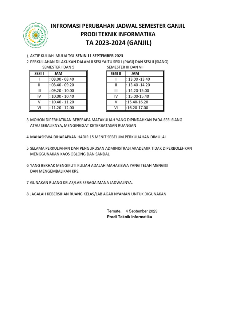 Jadwal Kuliah Ganjil 2023-2024 Mahasiswa | PDF