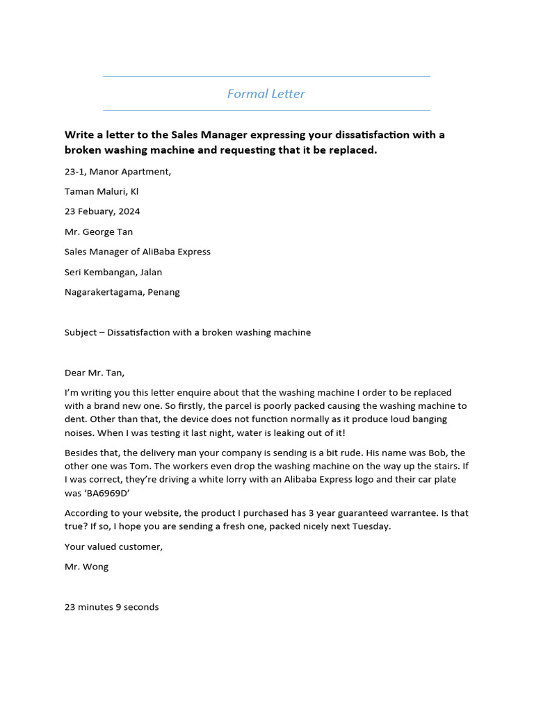 Formal Letter - A Dissatisfaction With A Broken Washing Machine | PDF