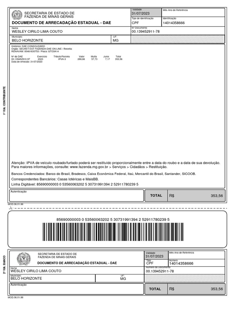 Documento de Arrecadação Estadual - DAE | PDF