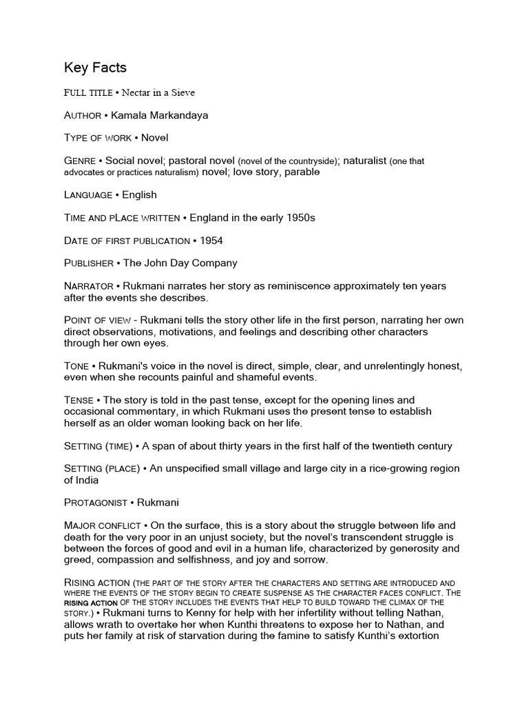 Sparknotes (Adapted) - Nectar in A Sieve - Key Facts | PDF