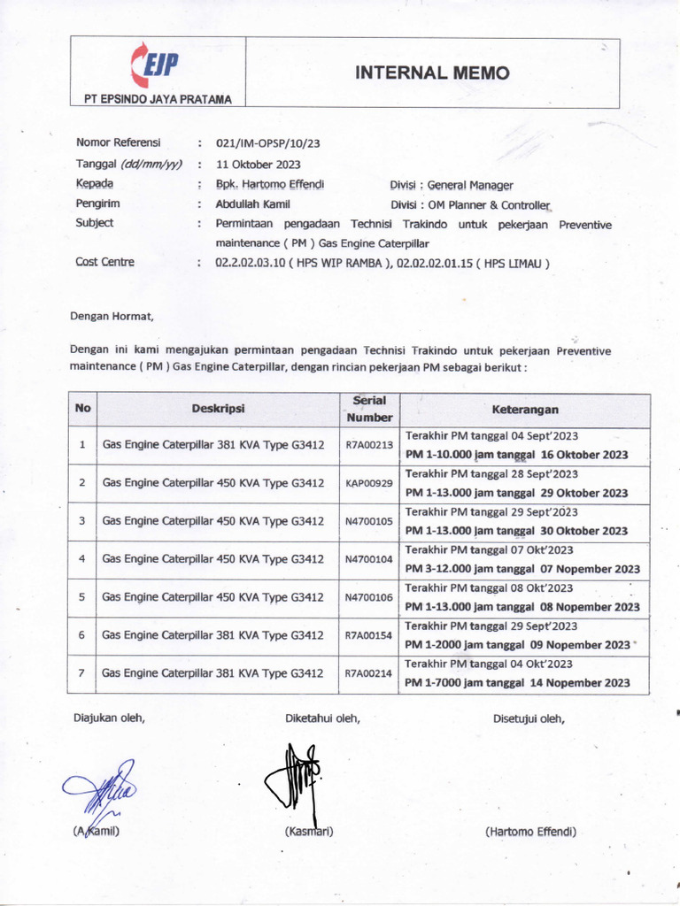 IM 021-10 - Permintaan Pengadaan Technisi Trakindo Untuk Pekerjaan Preventive Maintenance (PM ...
