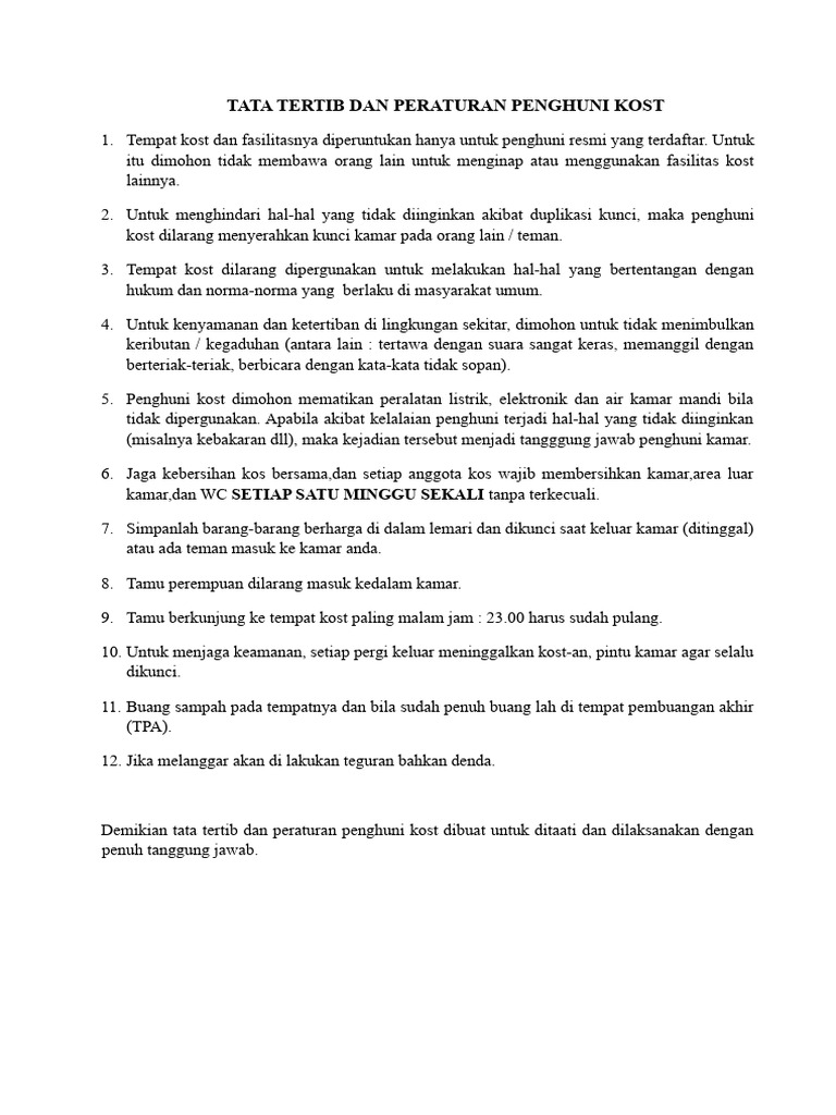 Peraturan Penting Penghuni Kost | PDF | Kajian Bahasa Asing