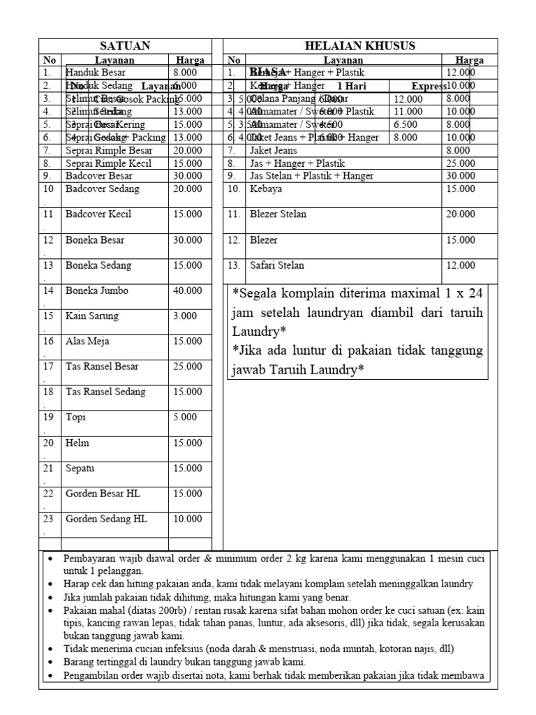 Daftar Tarif Dan Peraturan Laundry | PDF