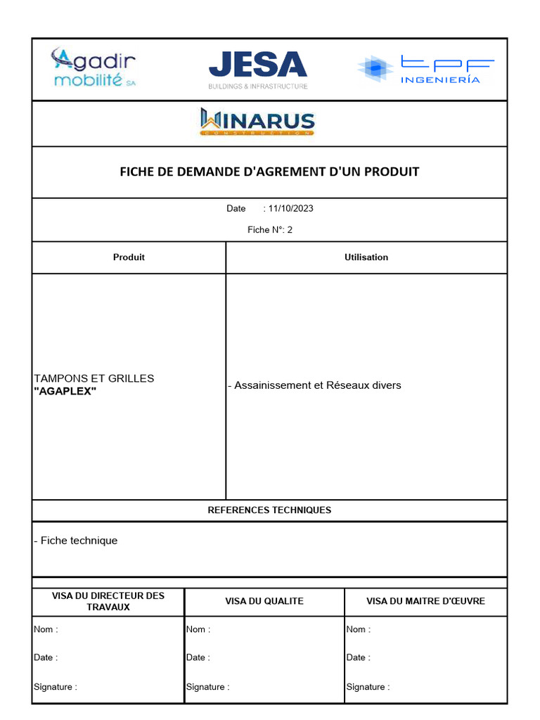 Fiche d'Agrément de Tapmon Et Grille (AGAPLEX) | PDF