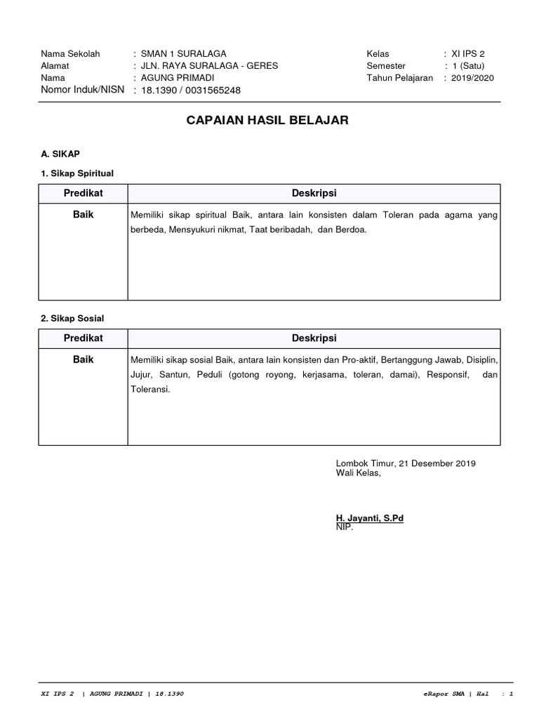 Rapor Hasil Belajar SMAN 1 Suralaga | PDF
