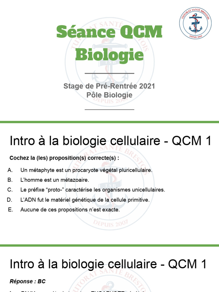 QCMs Biologie 2021 | PDF