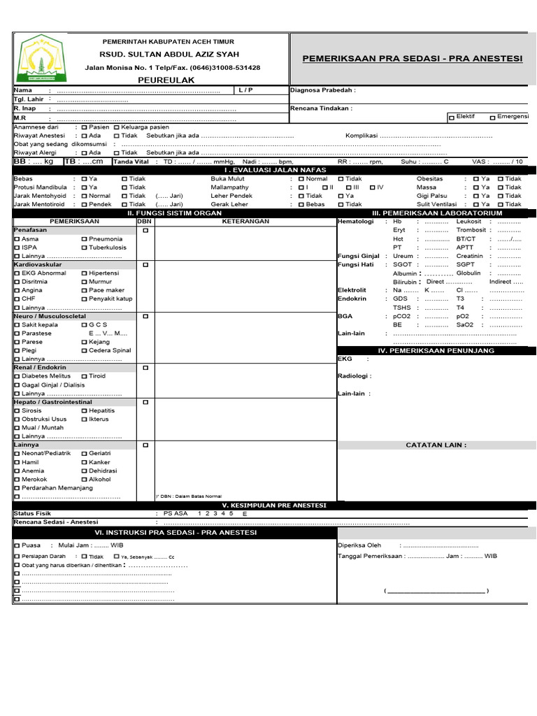 Form Assesmen Pra Anestesi | PDF