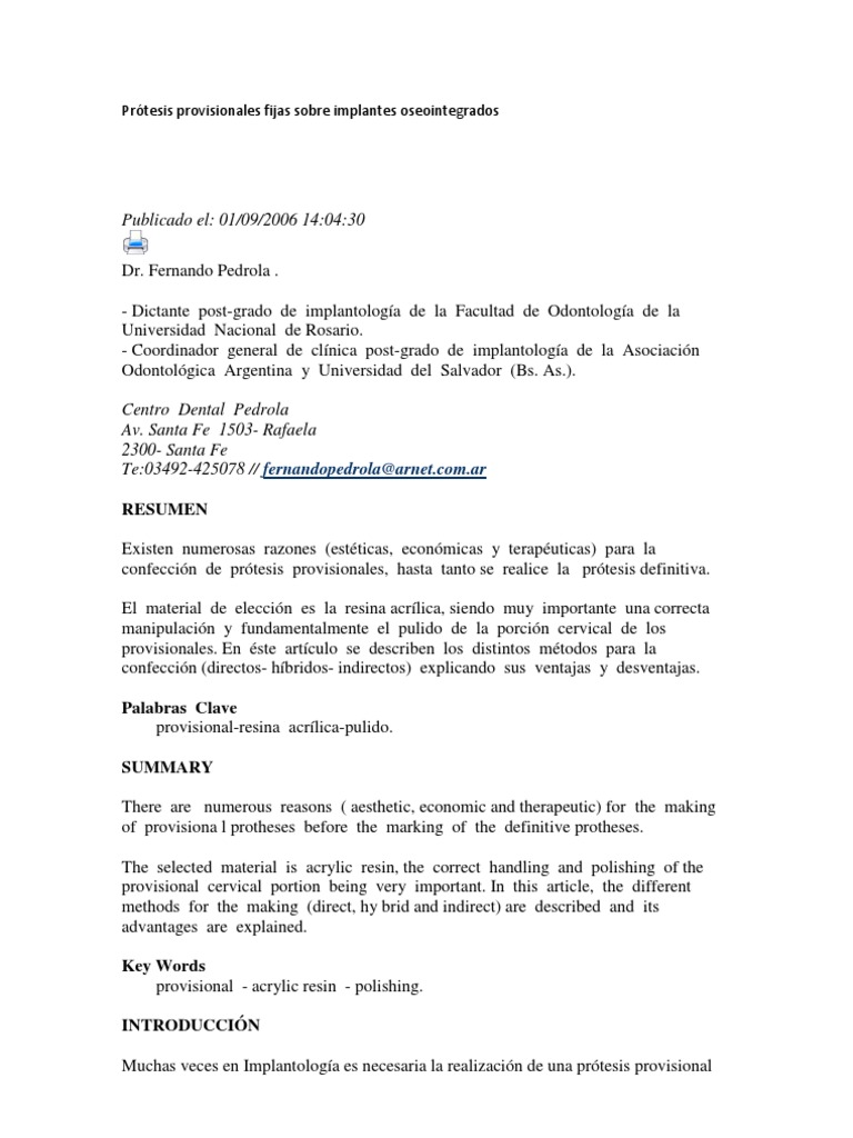 Prótesis Provisionales Fijas Sobre Implantes Oseointegrados | PDF ...