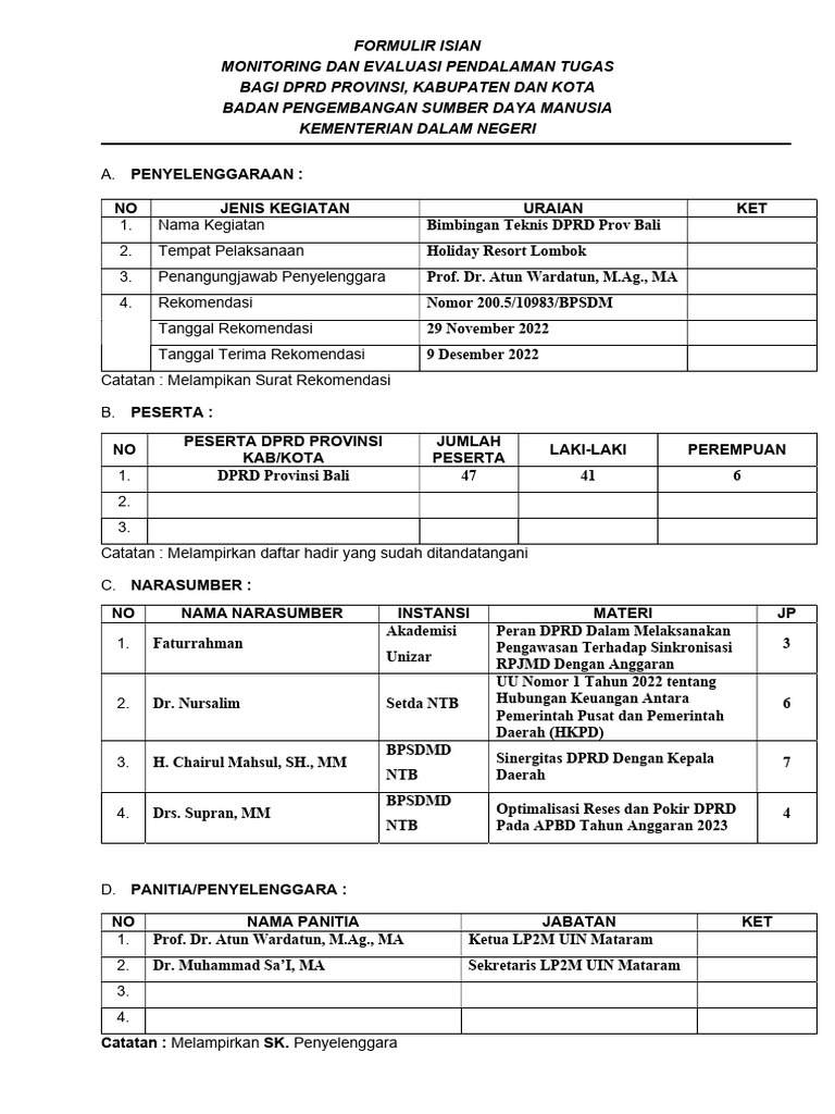 004 Contoh Form Isian Monev Bimtek | PDF