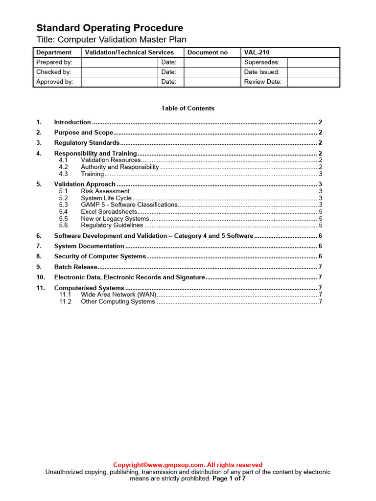 VAL 210 Computer Validation Master Plan Sample | PDF