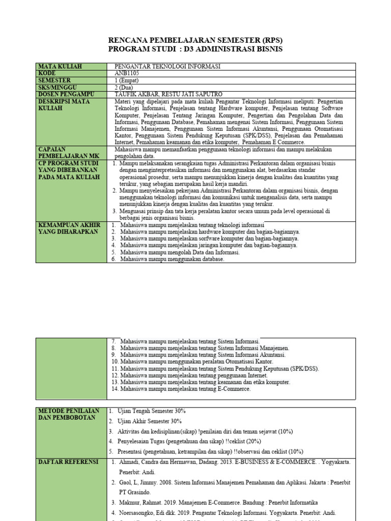 RPS-Pengantar Teknologi Informasi | PDF