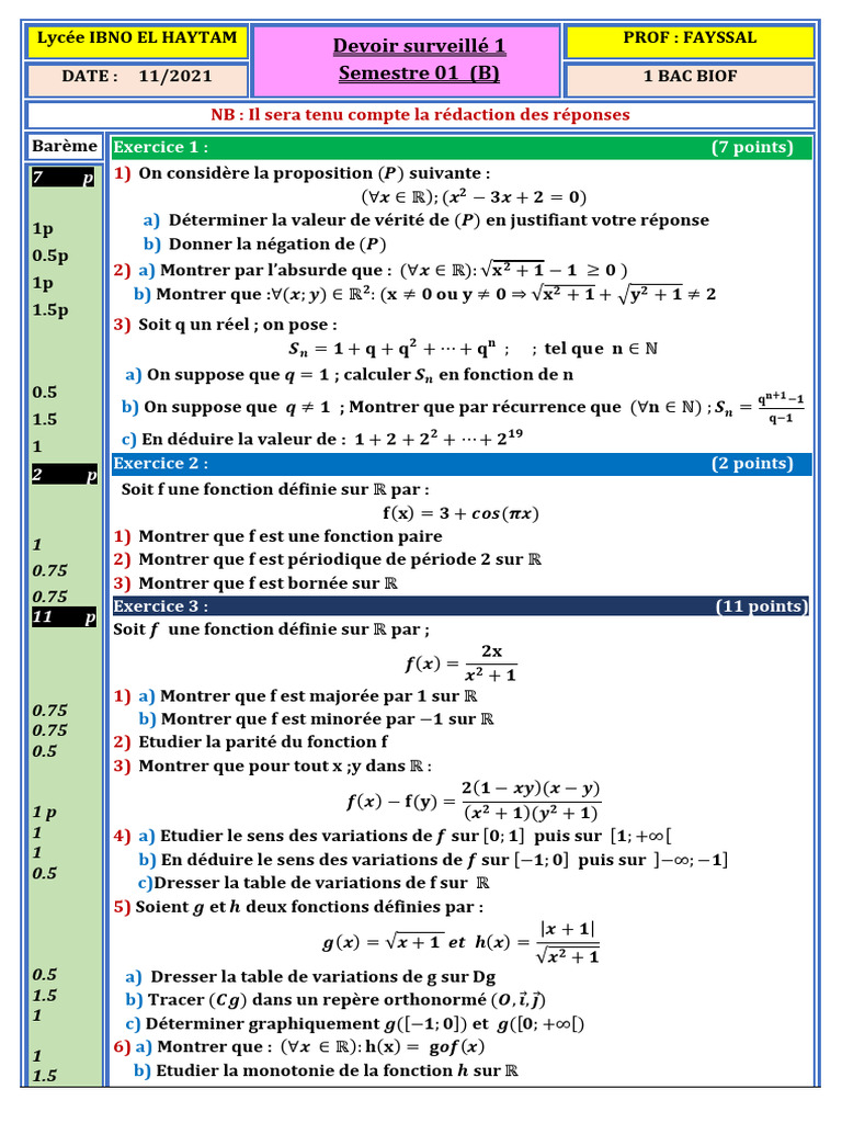 Devoir Surveillé 01-1bac-BIOF-2021 - (B) | PDF