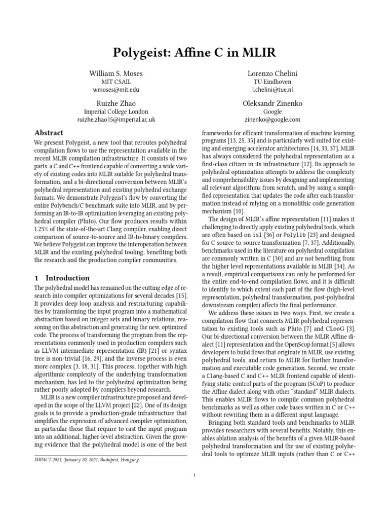 Polygeist: Affine C in MLIR: William S. Moses Lorenzo Chelini | PDF