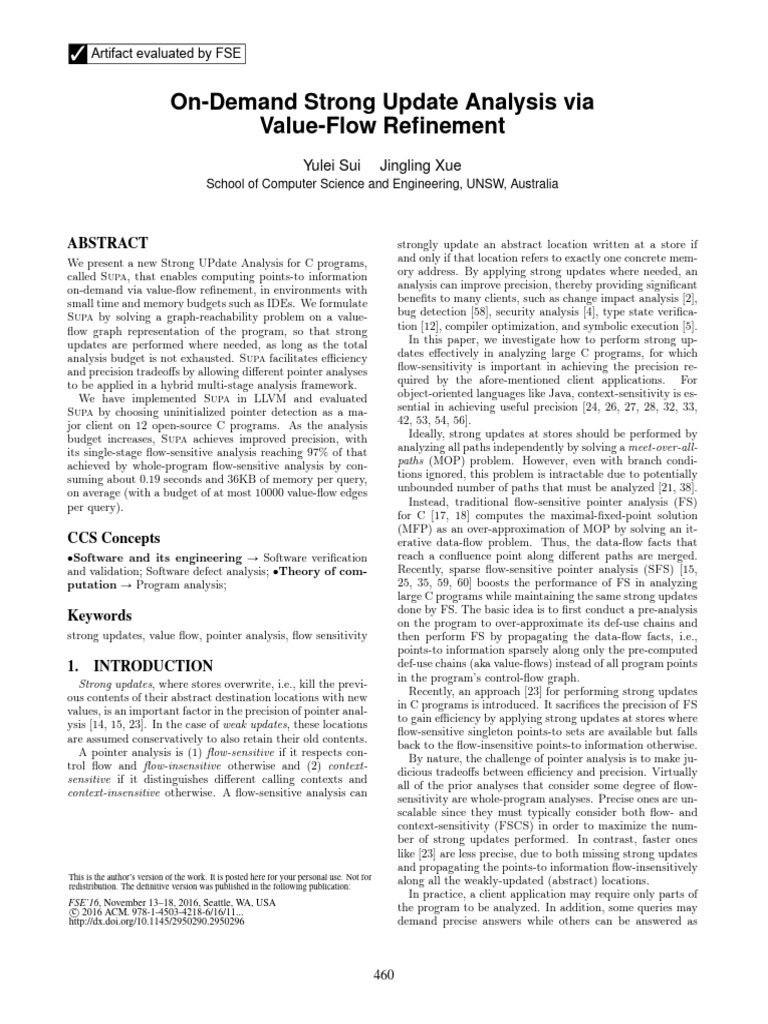 On-Demand Strong Update Analysis Via Value-Flow Refinement: Yulei Sui Jingling Xue | PDF