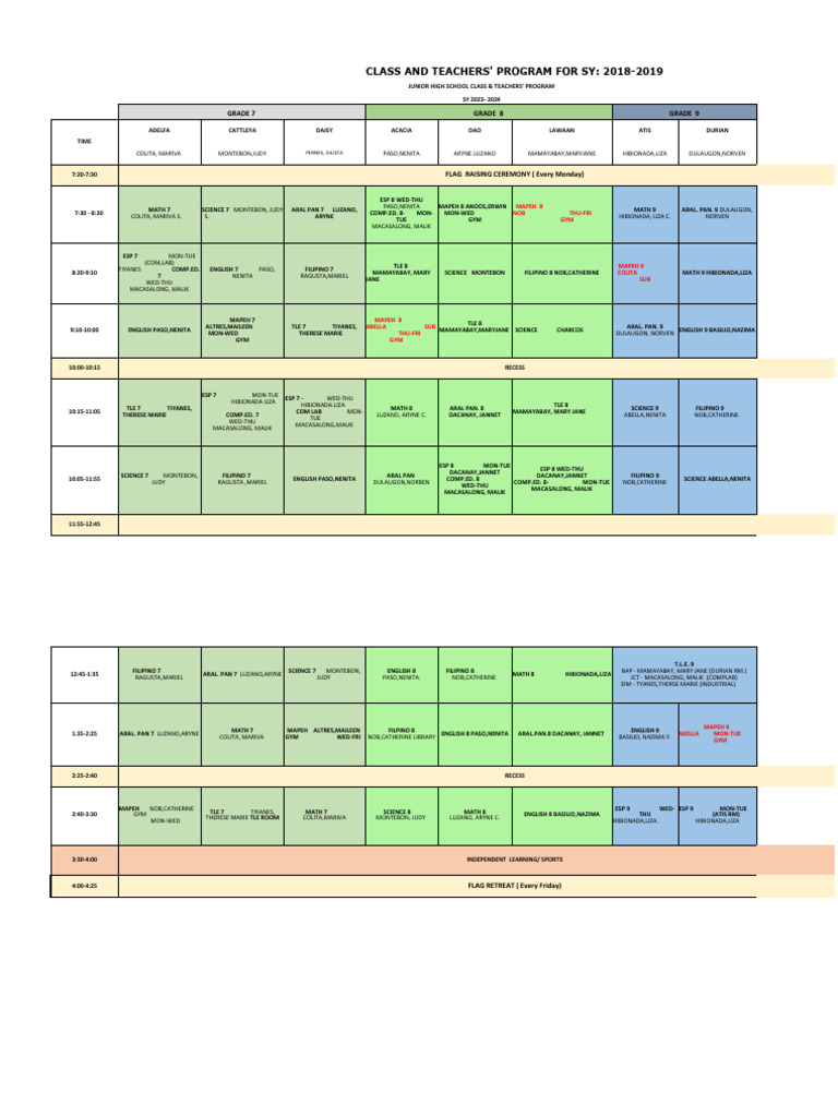 Jhs Class-Schedule 2023-2024 Updated | PDF