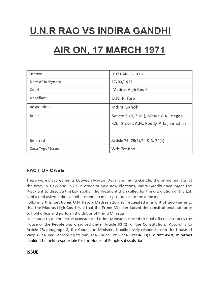 U.N.R Rao VS Indira Gandhi | PDF