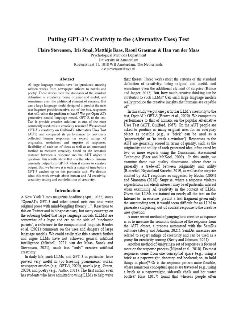 Putting GPT-3's Creativity To The (Alternative Uses) Test | PDF