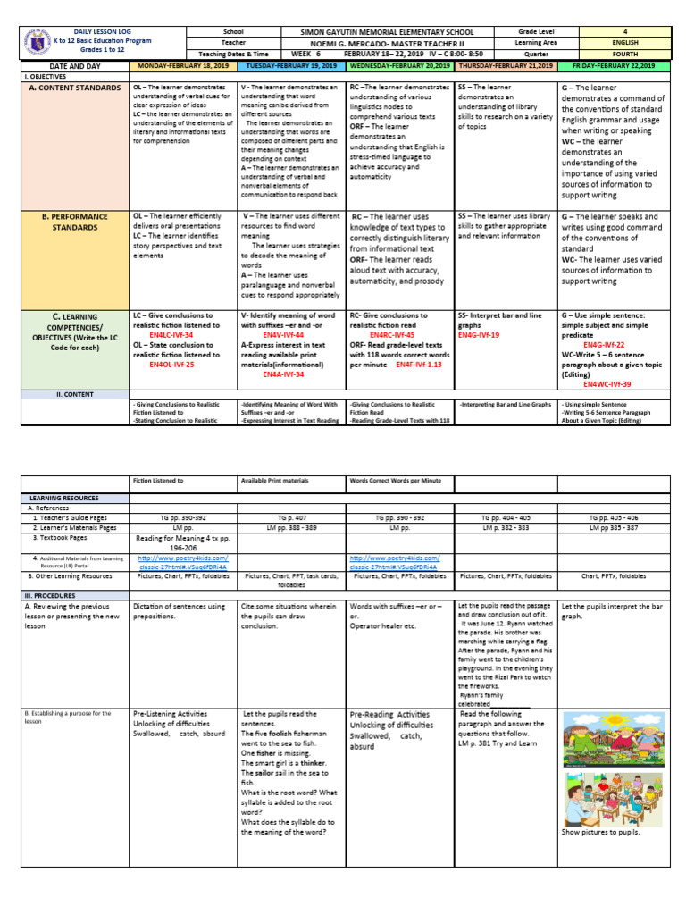 DLL in English 4 Week 6 Quarter 4 The K To 12 Way | PDF | Learning | Nonverbal Communication