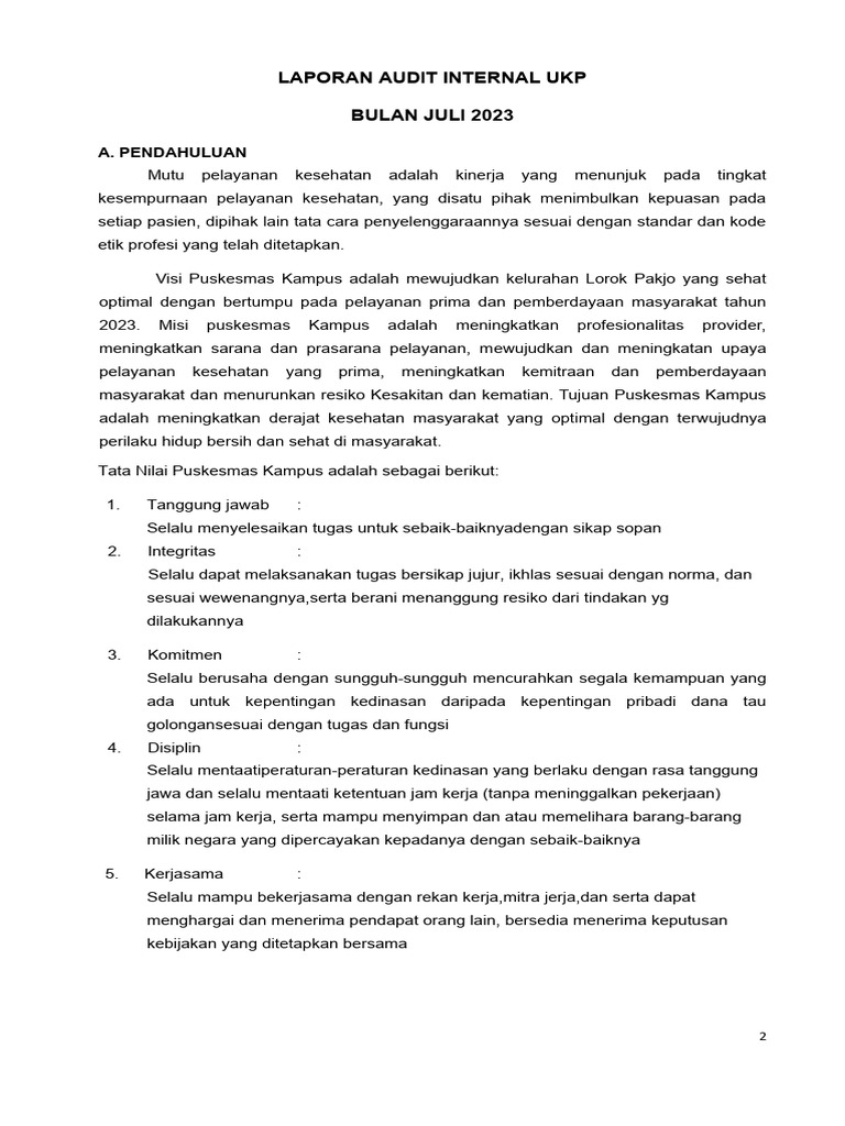 LAPORAN AUDIT INTERNAL UKP JULI | PDF