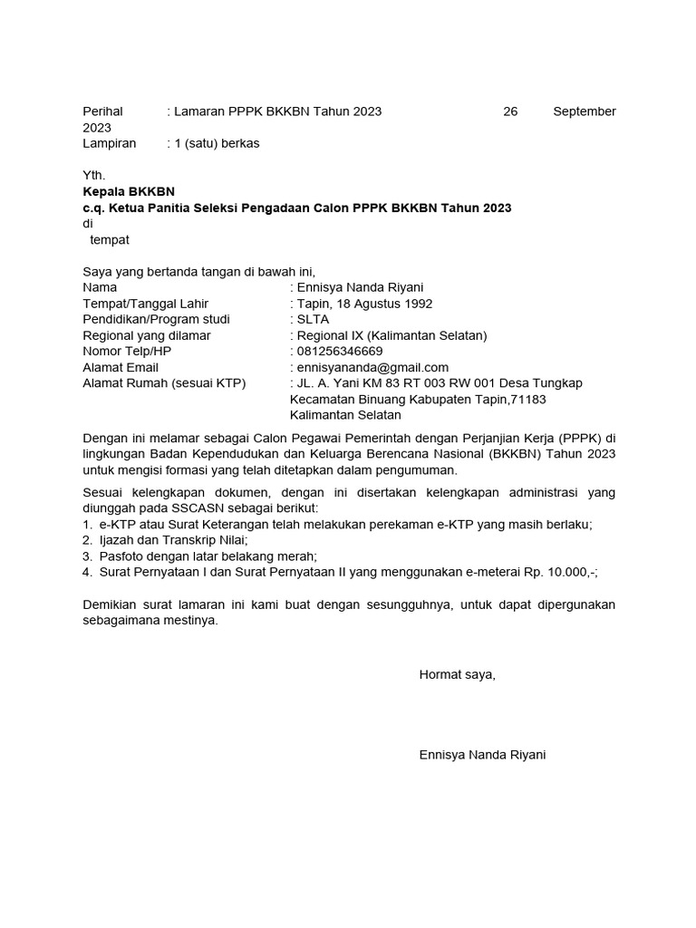 Lampiran III - Format Surat Lamaran Calon PPPK BKKBN 2023 | PDF