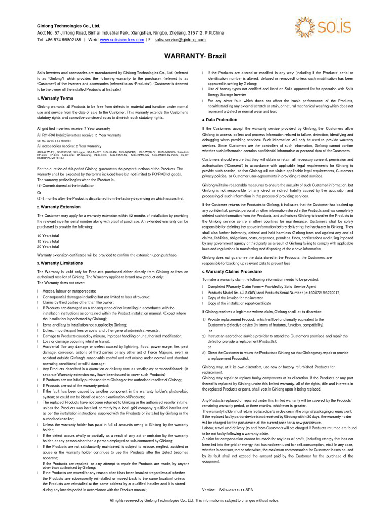 EN BrasilWarranty Solis | PDF