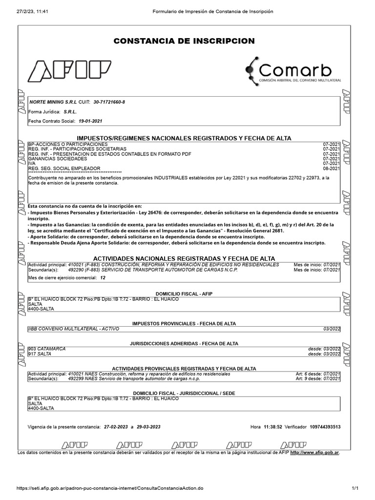 Constancia Inscripcion AFIP | PDF | Finanzas y dinero