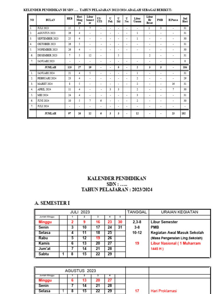 Contoh Kelender Pend. Sekolah | PDF