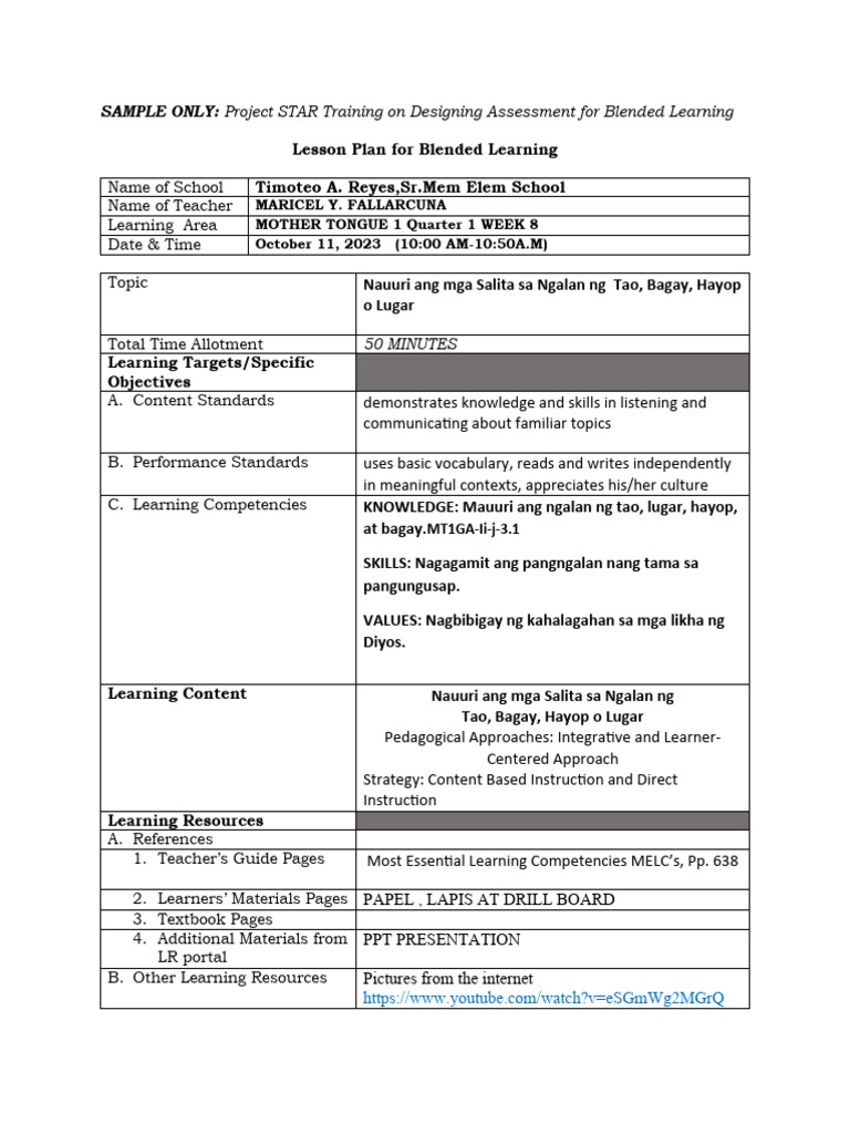 DAY 1 Output Lesson Plan Template | PDF
