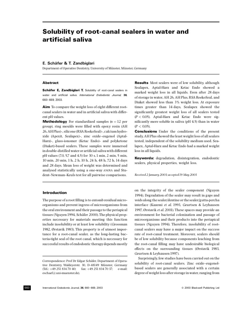 Solubility of Root Canal Sealers in Water and Artificial Saliva | PDF ...