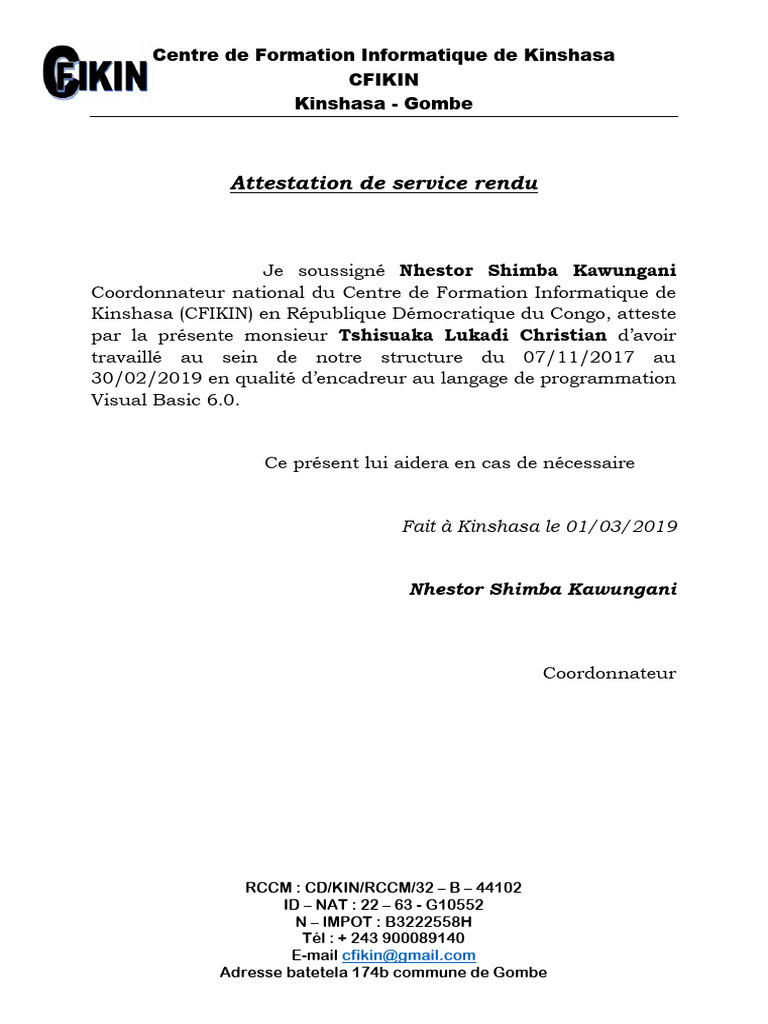 Attestation de service rendu - CFIKIN | PDF | Finance et gestion ...