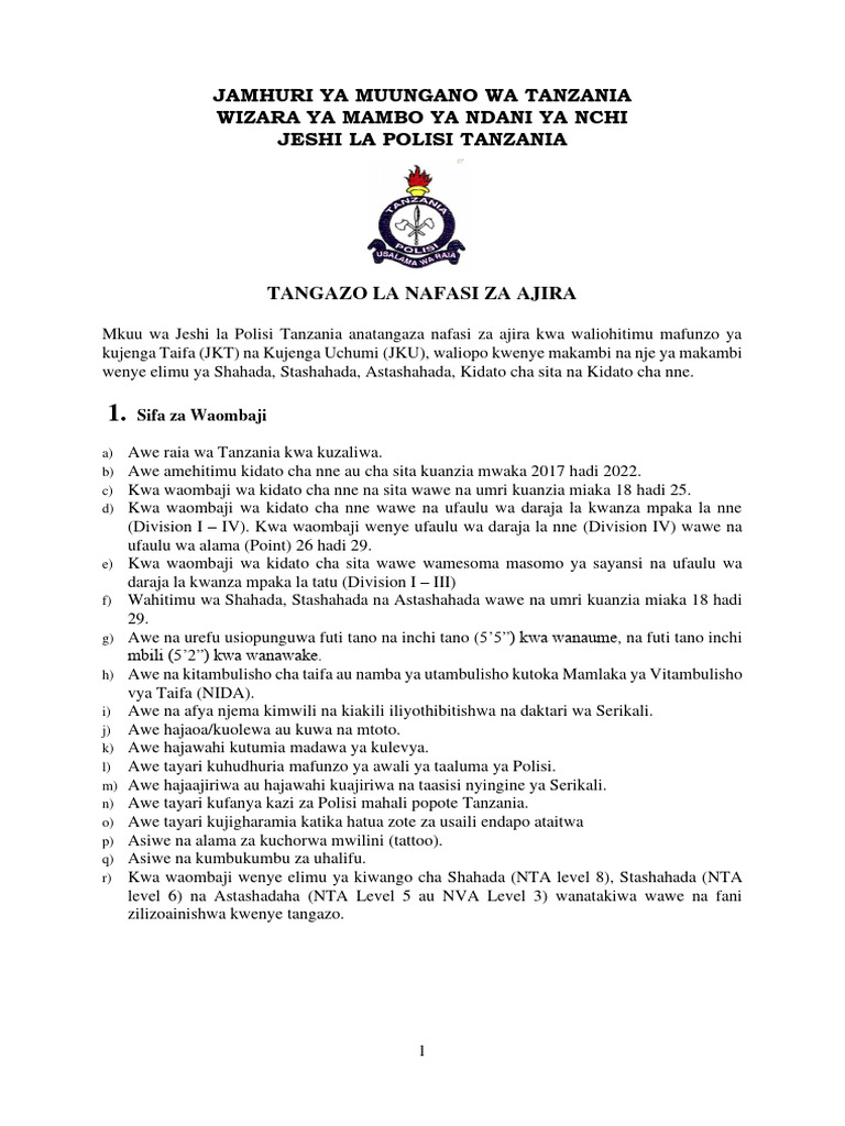 Tangazo La Ajira Ya Polisi | PDF