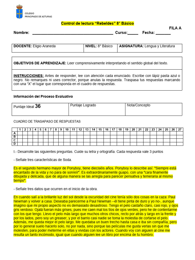 Control de Lectura "Rebeldes" 8° Básico | PDF