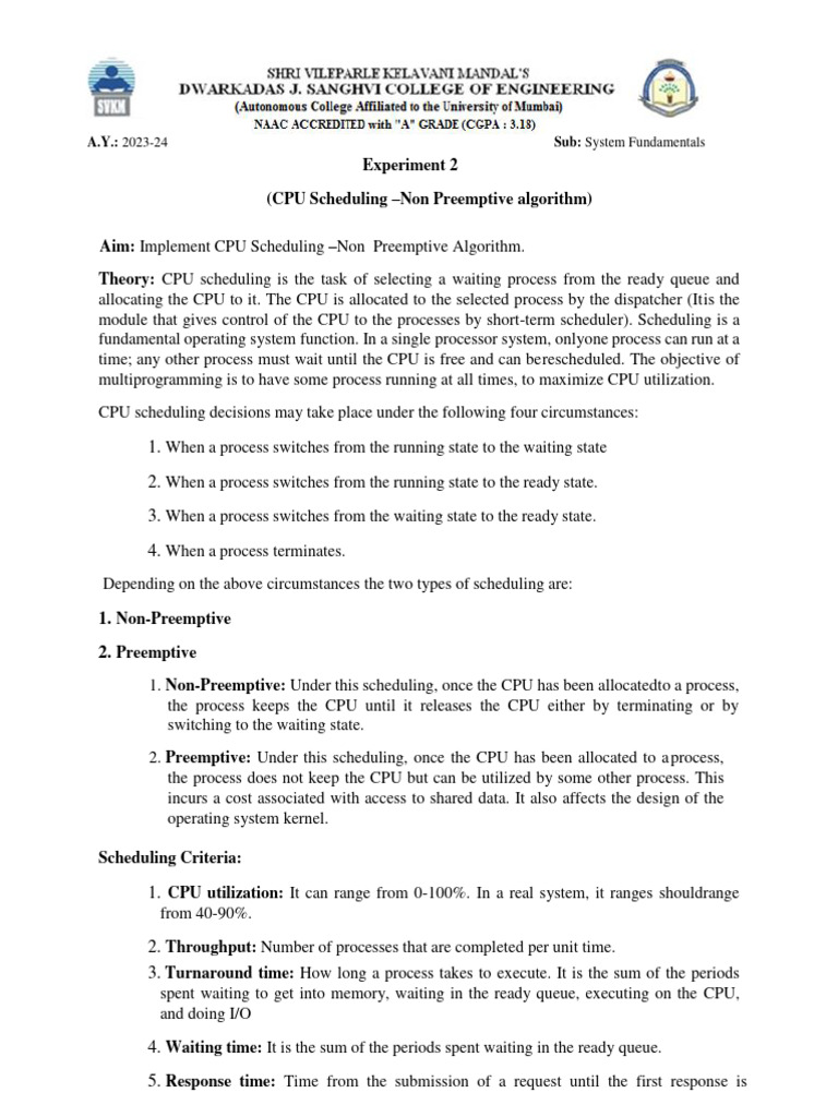 SF - Experiment 2 Non-Preemptive CPU Scheduling Algorithm | PDF | Scheduling (Computing ...