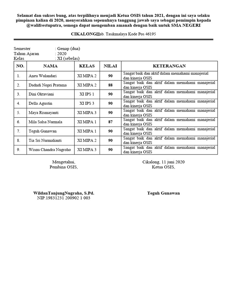 DAFTAR NILAI OSIS 2020 | PDF