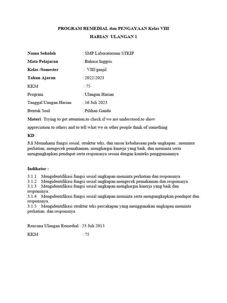 PROGRAM REMEDIAL Dan PENGAYAAN - Kelas VIII - 2022 | PDF