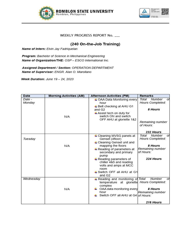 Weekly Progress Report 1 | PDF | Equipment | Applied And Interdisciplinary Physics